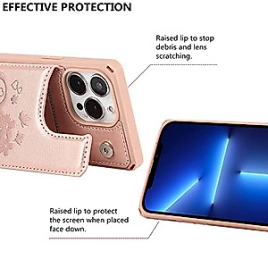 iCoverCase for iPhone 13 Pro Phone Case with Card Holder, iPhone 13 Pro Wallet Case for Women with Strap, RFID Blocking Embossed Leather Kickstand Case for iPhone 13 Pro 6.1 Inch (Heart Rose Gold)