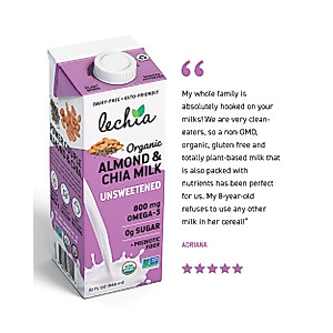 Organic Almond & Chia Milk, Zero Sugar, Almond Milk, with 800mg OMEGA-3 and Prebiotic Fiber, Vegan, Dairy Free, Gluten Free, Plant Based, Lactose Free, Non-GMO, Shelf-Stable, Low Carb, Keto, Soy Free, Kosher, Lechia, 32oz (6 Pack)