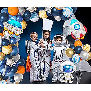 Ouddy Party 112PCS Outer Space Party Decorations Balloon Garland Kit, Space Birthday Party Supplies UFO Rocket Astronaut Navy Blue Silver Foil Latex Balloons for Boys Kids