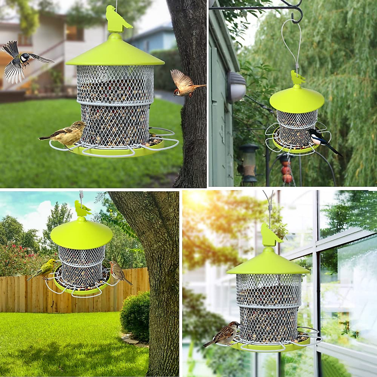 Metal Bird Feeder Clearance,Hanging Bird Feeders for Outside Wild Birds, Squirrel Poorf, Heavy Duty,6 Perches, 4 lbs Capacity for Cardinals, Finches, Blue Jays-Silver Green