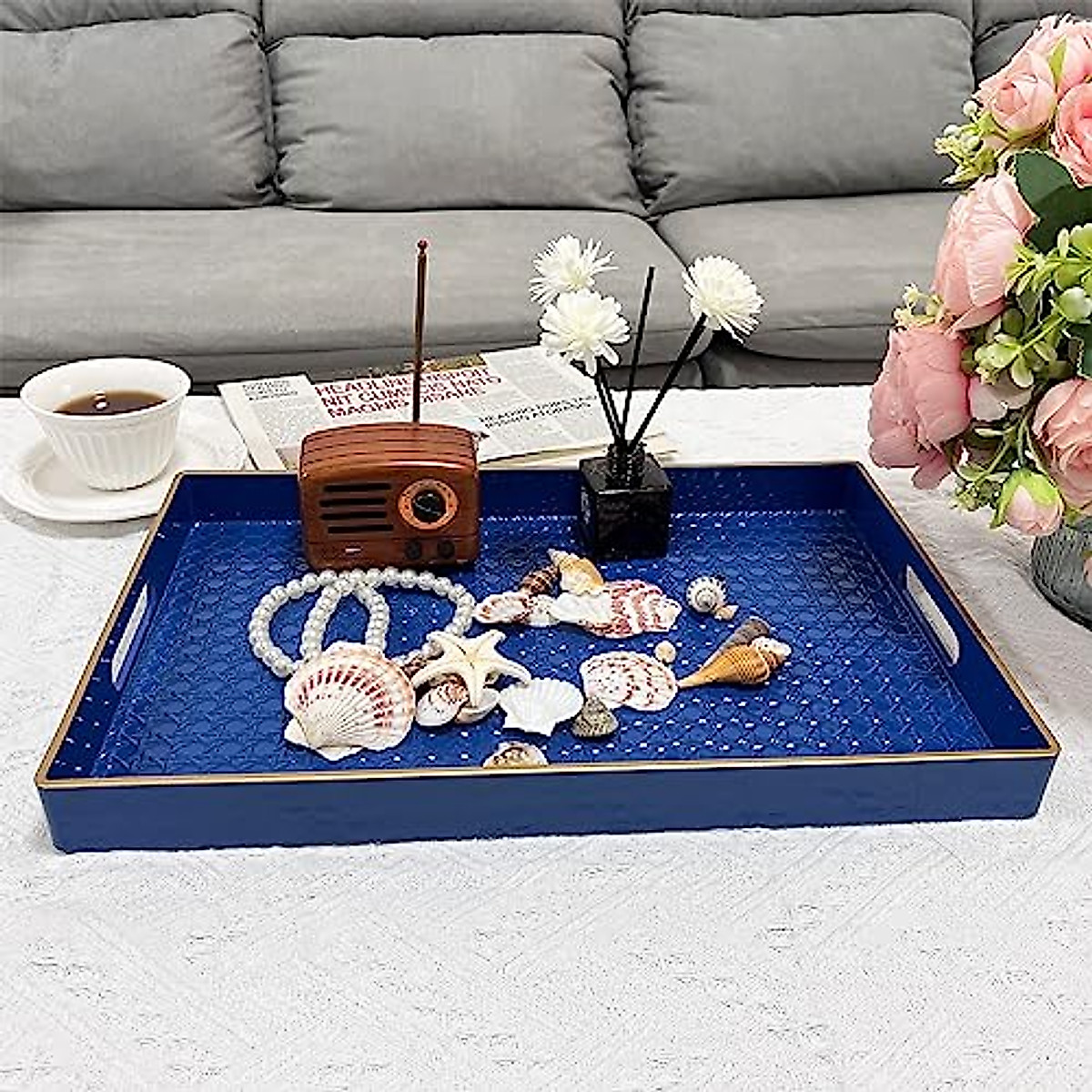 Umisriro Navy Blue Serving Tray with Handles, Plastic Decorative Tray for Ottoman, Coffee Table, Living Room, Kitchen 15.7”x10.2”