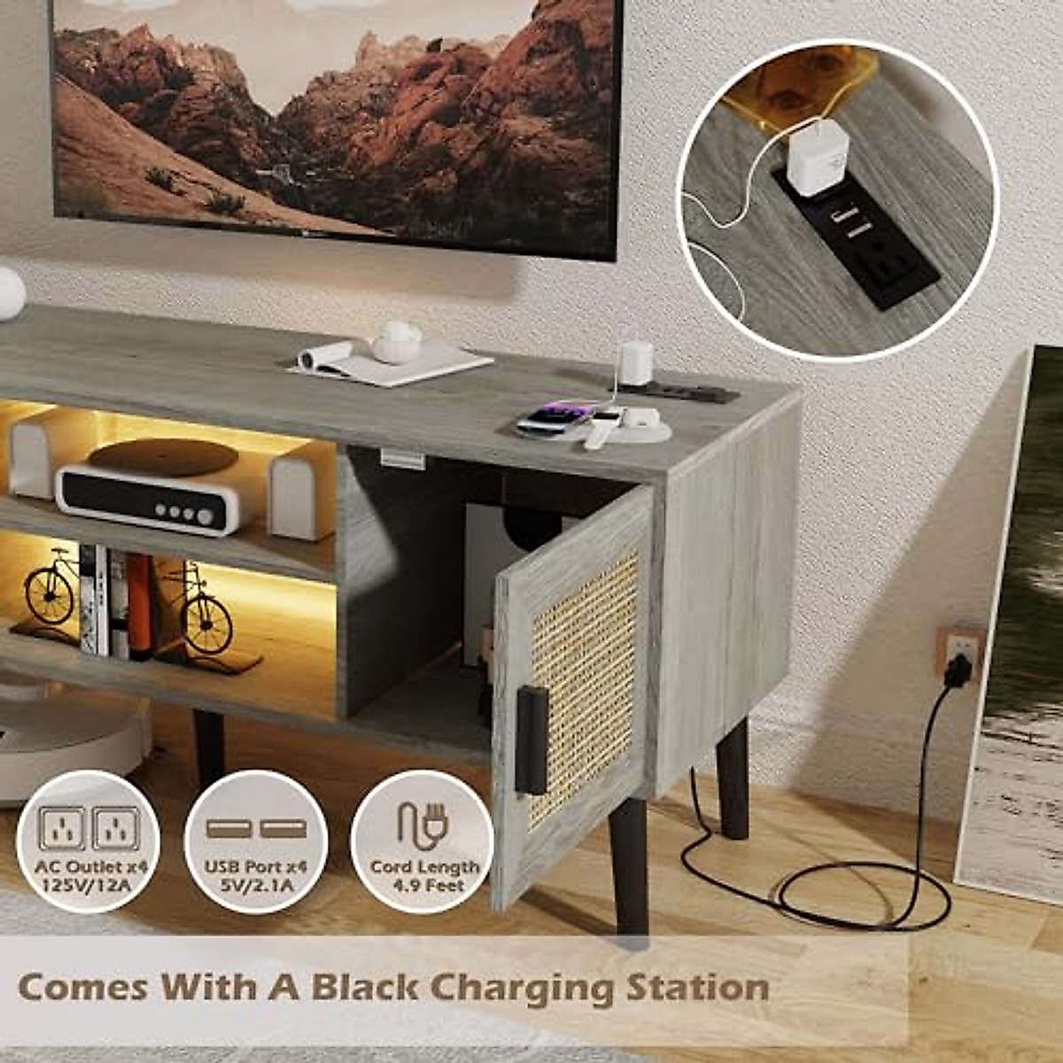 Hiwelldas TV Stand for 55 inch TV with Charging Station & 2 USB Ports Entertainment Center with Rattan Doors & Adjustable Shelf & LED Strip Boho Media Console for Living Room, Bedroom (Light Grey)