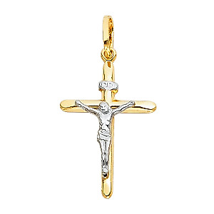 Solid 14K Gold Figaro Chain Two-Tone Cross Pendant Crucifix Necklace -Choose Chain Length and Width (20.0, Figaro Chain - 2.3 mm)
