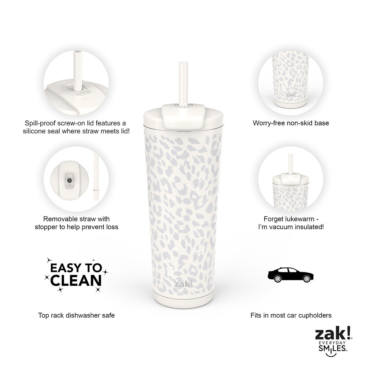 Zak Designs Beacon Straw Tumbler for Travel or At Home, 24oz Stainless Steel with Vacuum Insulated and Non-Skid Base (Linen Leopard)
