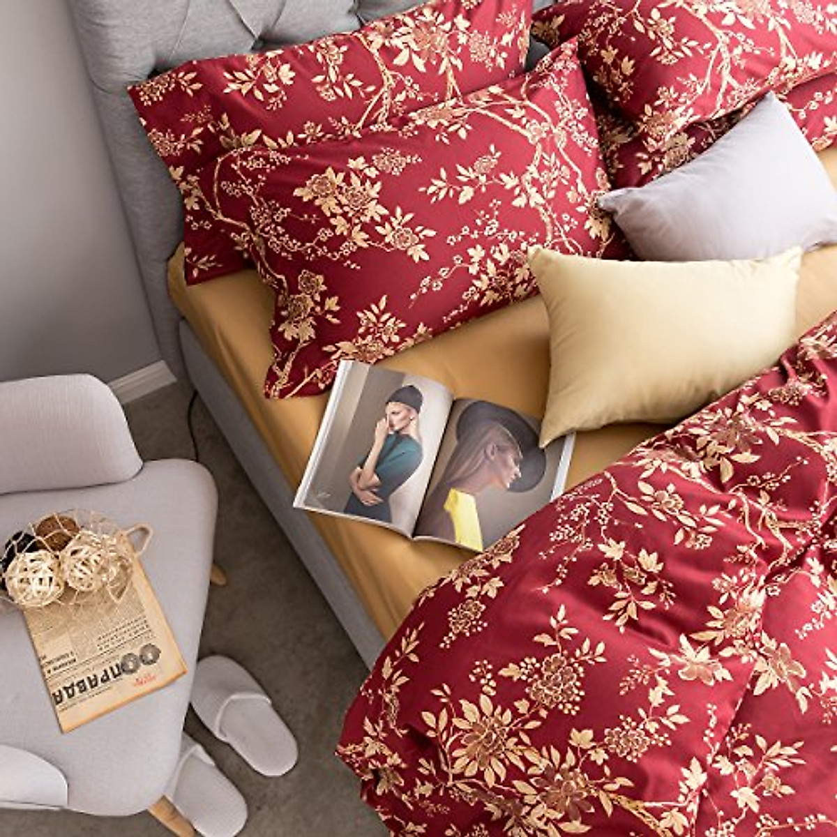 Eastern Floral Chinoiserie Blossom Print Duvet Quilt Cover Navy Blue Tan White Asian Style Botanical Tree Branches Ornamental Drawing 400TC Egyptian Cotton 3pc Bedding Set (King, Garnet)