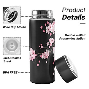 CaTaKu Small Water Bottle 12 oz, Cherry Blossoms Black Insulated Water Bottle for Water Coffee Tea Stainless Steel Flask Thermos Bottle Reusable Wide Mouth Vacuum Travel Mug