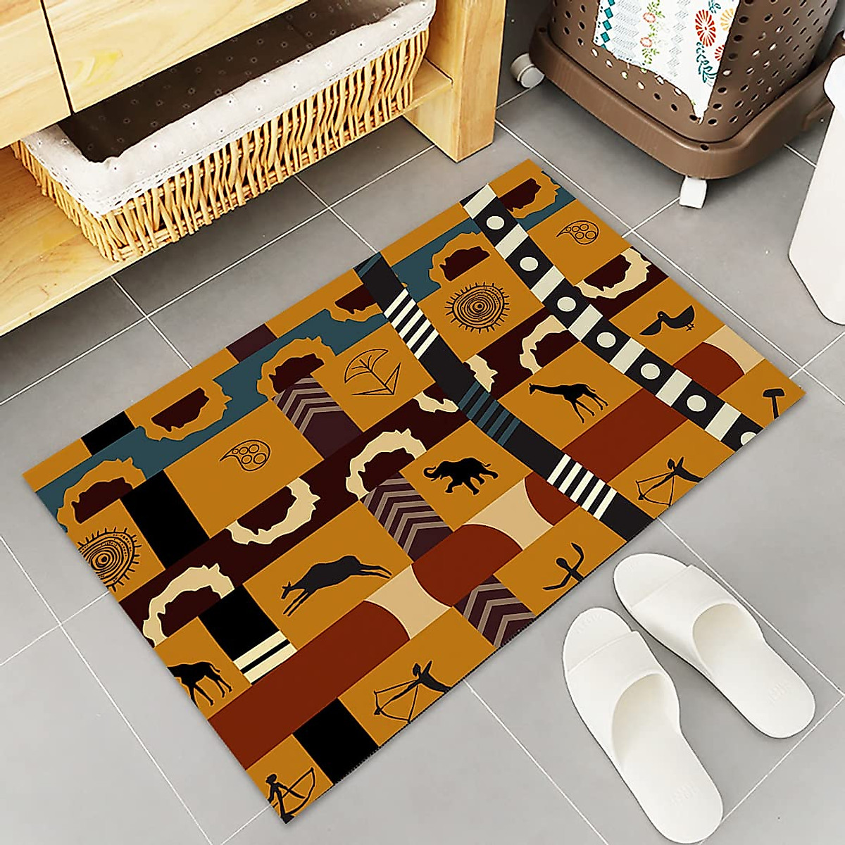 LEO BON Kitchen Rugs Set of 2 Comfort Floor Mats African Style Tribe Print Machine Washable Carpet for Kitchen Floor, Entryway, Hallway and Dining Room