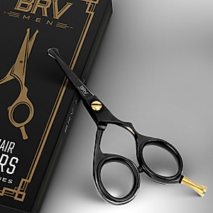 BRV MEN Rounded-Tip Small Trim Scissors for Men 4.2" | High Carbon Stainless Steel | Nose Hair Scissors for Men | Professional Grooming Scissors for Beard, Mustache & Ear Hair - RIGHT HANDED (Black)