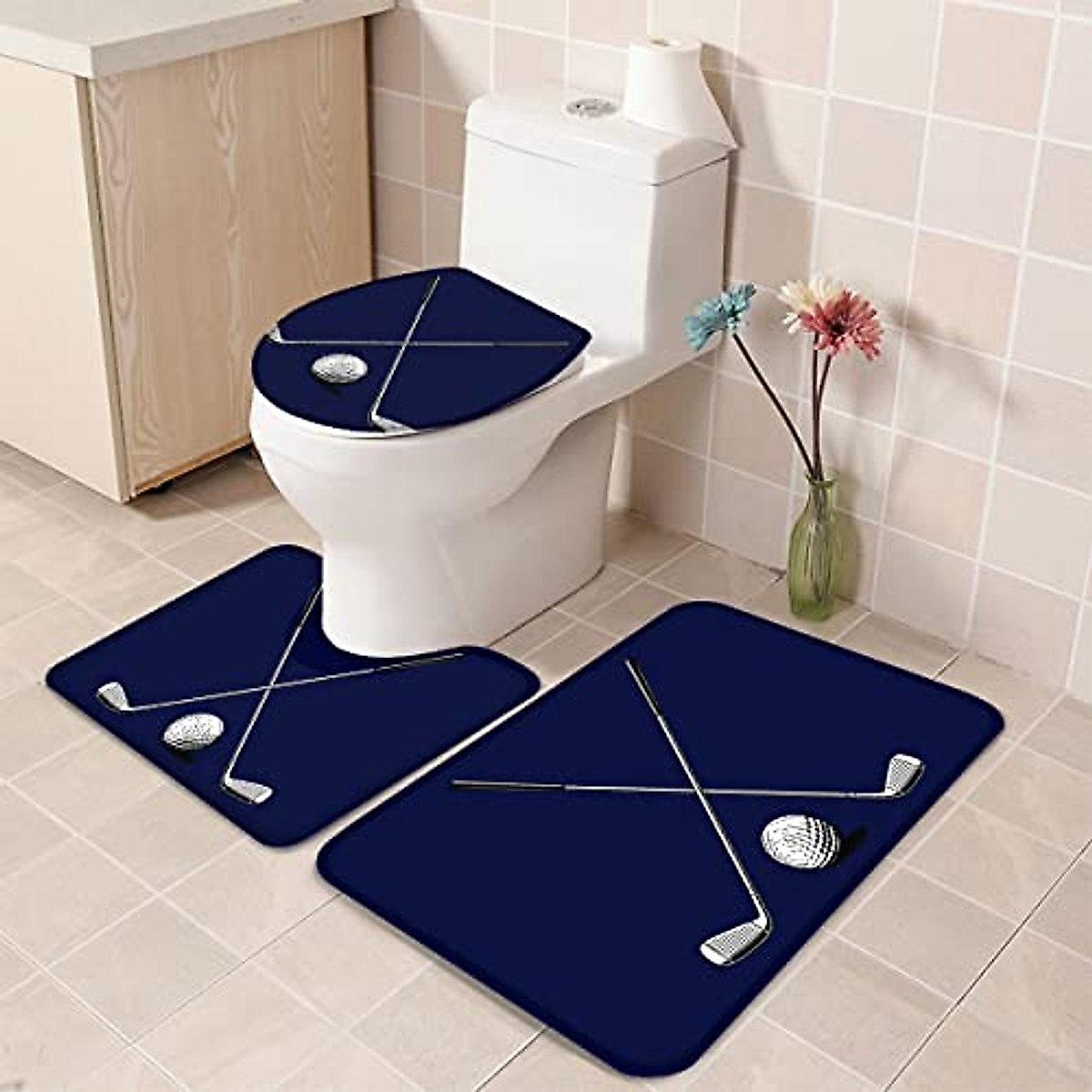 Golf Ball Bathroom Rugs Mat Sets 3 Piece, Bath Shower Rugs with U-Shaped Contour Toilet Mat, Large Absorbent Bathtub Runner Rugs Floor Mats