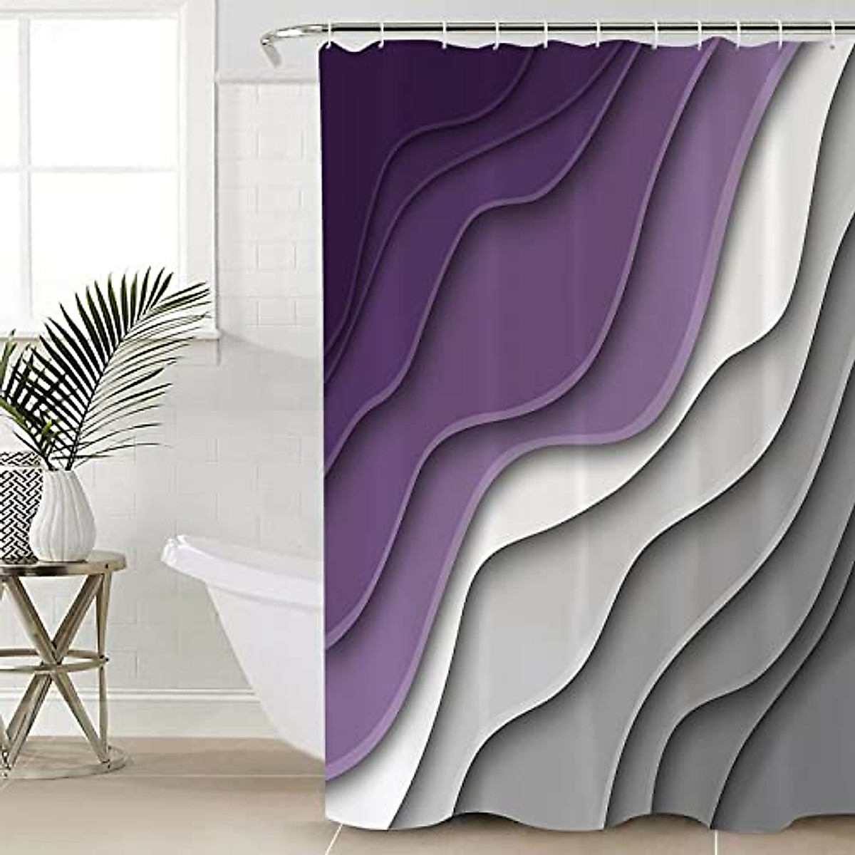 Comforance Purple Gray Modern Geometric Shower Curtain Set with Rugs and Hooks for Bathroom, 4PC Waterproof Fabric Bath Shower Curtain and Non-Slip Bathroom Mats, Abstract Gradient Art