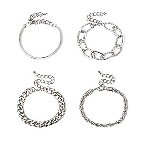 fxmimior Dainty Boho Gold Silver Chain Bracelets Set for Women Adjustable Fashion Beaded Chunky Flat Cable Chain Punk Bracelets Jewelry for Women Girls Gift Set of 4 (Silver)