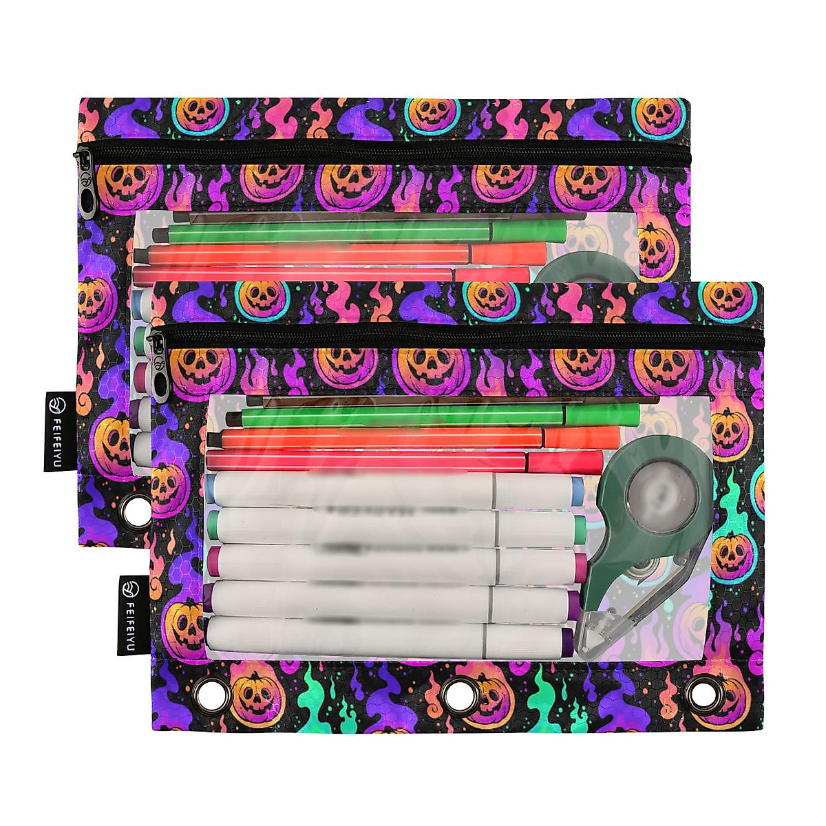 MCHIVER Halloween Pumpkins Jack-o'-lantern Pencil Pouch for 3 Ring Binder Pencil Case with Zipper Clear Window Binder Bags for Office Daily 2 Pack