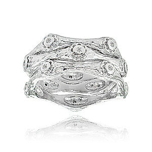 Hoops & Loops Sterling Silver Cubic Zirconia Bamboo Textured Set of 3 Stackable Band Rings, Size 8