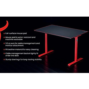 Arozzi Arena Leggero Gaming and Office Desk with Full Surface Water Resistant Desk Mat Custom Monitor Mount Cable Management Cut Outs Under The Desk Cable Management Netting - Red