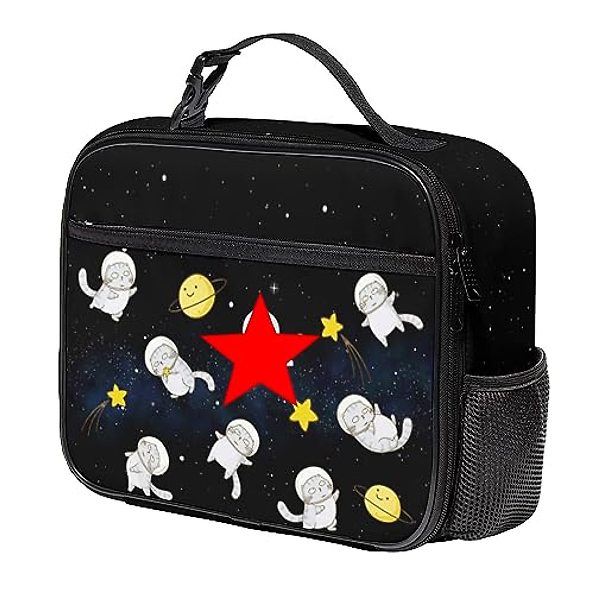 Fashion Cat Lunch Bag with Locking Hand Strap Durable Waterproof Universe Lunch Box High Capacity Insulation Lunch Tote Bag with Pockets for Boy Girl Women Men