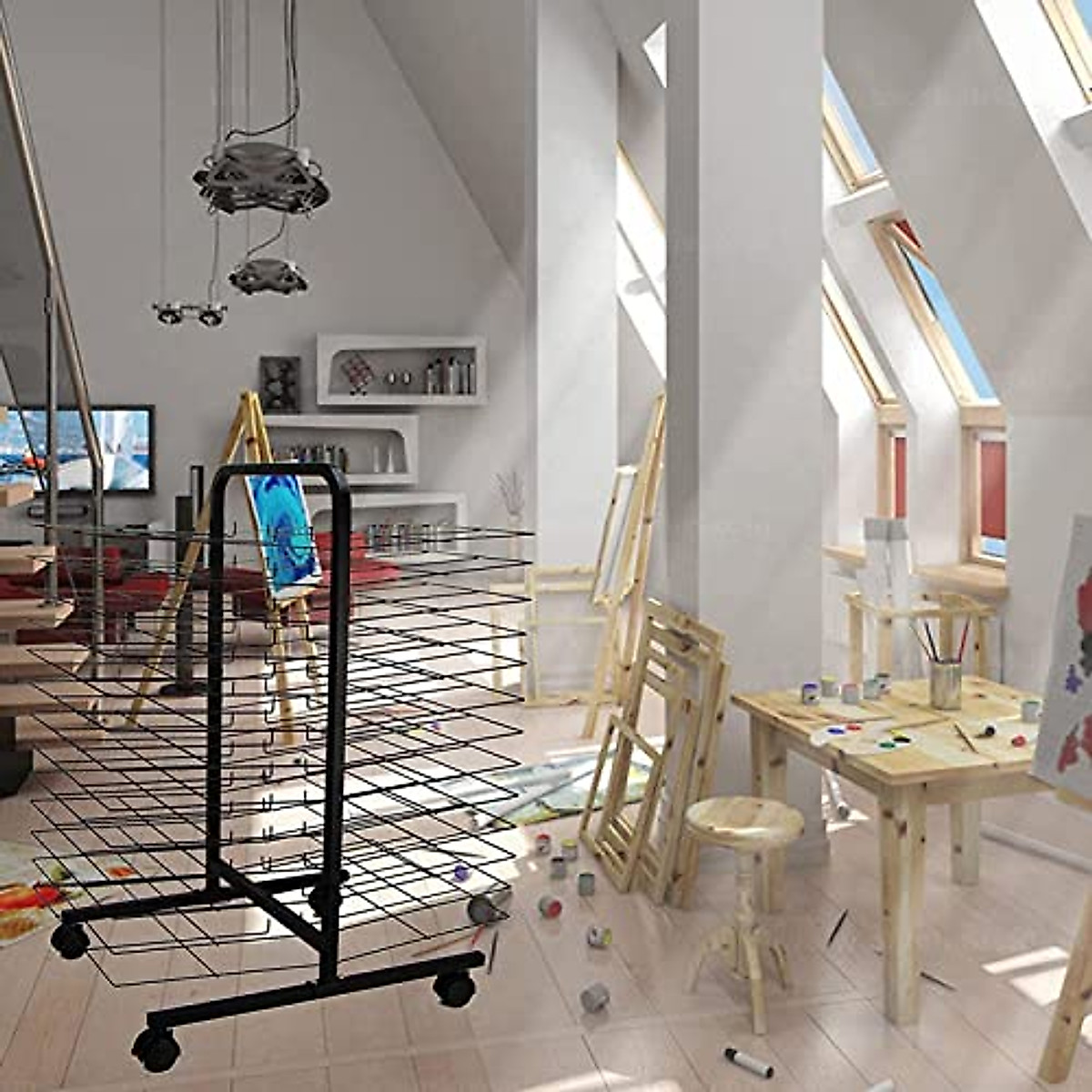 Drying Rack 45 × 66 × 82 cm, Black Metal 26 Wire Shelves Double Sided Mobile Art Drying Rack Stackable Artwork Storage Classroom Painting Drying Shelf for Schools and Art Clubs