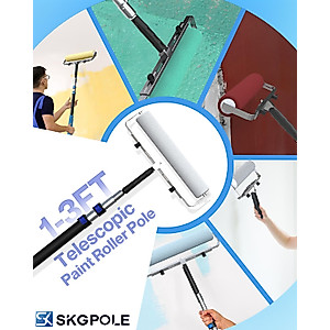 SKGPOLE 3FT Telescopic Paint Roller Pole, Multi-Function Paint Roller Kit with Lightweight Sturdy Aluminum 1-3FT Telescopic Extension Pole, House Paint Roller Brush for Walls, Ceiling, Decks, Doors