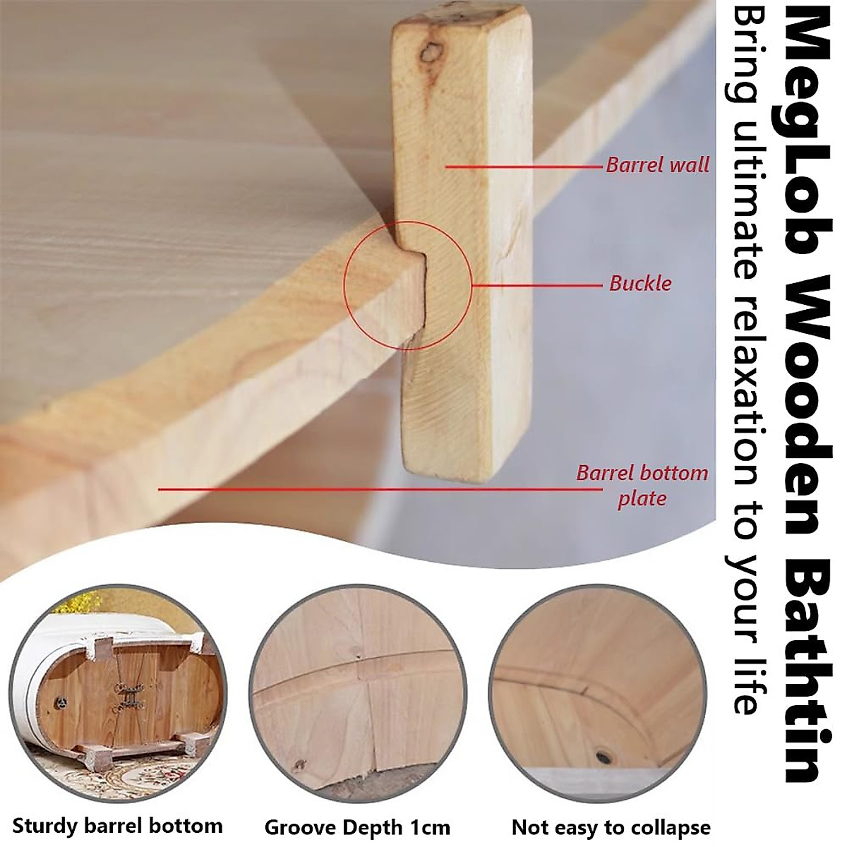 MegLob Free Standing Thickened Solid Wood Bathtub, Oval Soaker Tub, Classic Hand-Carved All-Wood Deep Soaker, White Wooden Freestanding Bathtub with Inner Chair & Pop-Up Drain,160cm/62.99"