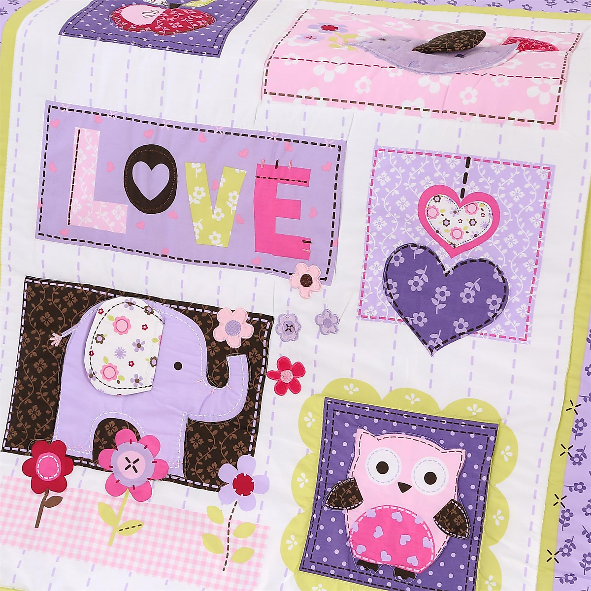 Wowelife Elephant Crib Bedding Set 100% Cotton 3-Piece Baby Bedding Set Purple Elephant Owl Nursery Bedding Set Crib Sheet Sets for Boy and Girl