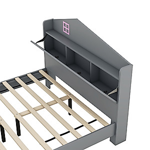 VilroCaz Funny Design Full Size Kids Bed Platform Bed with Storage Headboard, Wooden Platform Bed Frame with Shelves for Kids Teens Boys Girls Bedroom, Sturdy Slat Support (Grey-WF1)