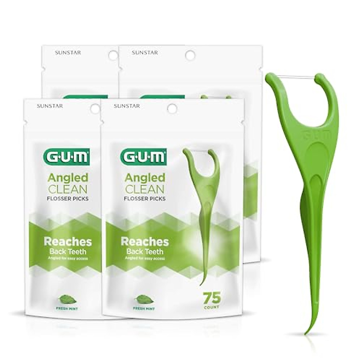 GUM Angled Floss Picks, Perfect for Tight Teeth, Extra Strong Shred-Resistant Dental Floss, Angled for Easy Reach, Dental Flossers for Adults, Fresh Mint Flavor, 75ct (4pk)