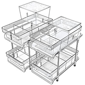 2 Tier Clear Pull Out Organizers and Storage - Snack Organization for Pantry w Lids/Dividers, Slide-Out Under Sink Organizer for Bathroom and Kitchen, Cabinet/Countertop Acrylic Drawers Medicine Bins