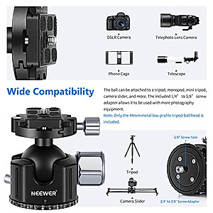 Neewer Low Profile DSLR Camera Tripod Ball Head, 44mm All Metal Panoramic Camera Mount Tripod Head with 1/4” Quick Release Plate for DSLR Camera/Camcorder, Tripod, Monopod, Slider, Max Load 55lb/25kg
