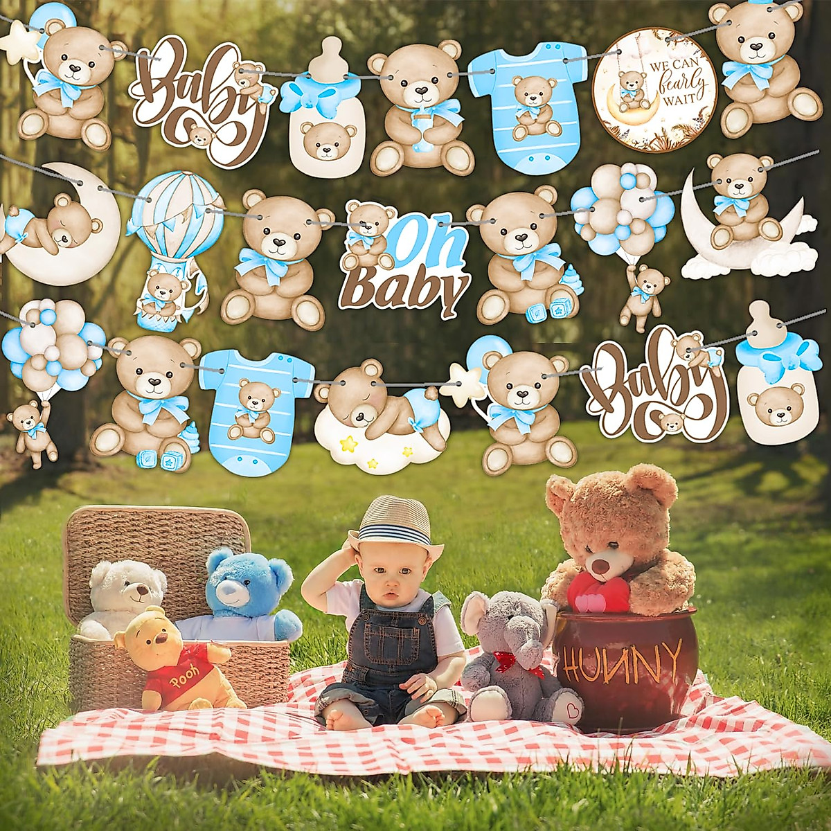 Teddy Bear Party Banner 3Pcs We Can Bearly Wait Baby Shower Decorations Blue Bear Baby Shower Banner for Baby Boy Gender Reveal Party Decorations