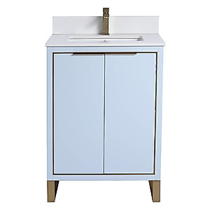 Fine Fixtures Opulence Collection 24 in. W x 18 in. D x 33 in. H Bathroom Vanity in Pastel Blue with White Matte Sintered Stone Sink - Satin Brass Hardware