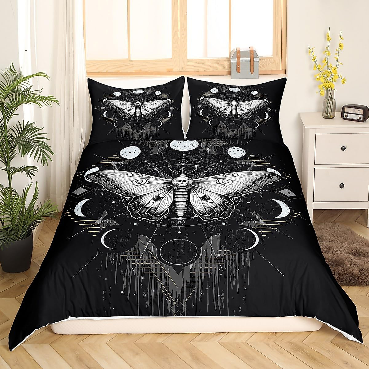 Death Moth Duvet Cover Set Queen Size Galaxy Sun and Moon Comforter Cover Boho Gothic Skull Bedding Set 3pcs for Kids Boys Teens Room Decor Black and White Quilt Cover with 2 Pillowcases, No Comforter
