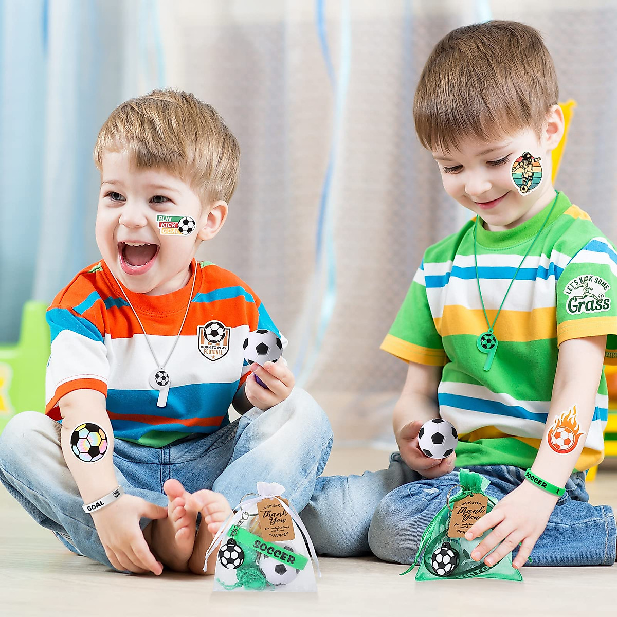 Hungdao 158 Pcs Soccer Party Favors for 18 Kids Includes Mini Bouncy Soccer Keychain Whistle Bracelets Thank You Card Stickers Organza Bag for Soccer Sports Event Classroom Rewards