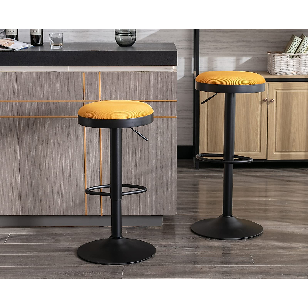 EALSON Modern Swivel Bar Stools Set of 2 Adjustable Counter Height Backless Barstools with Metal Base Fabric Upholstered Round Bar Stool Chairs for Kitchen Island/Pub/Breakfast Bar, Yellow