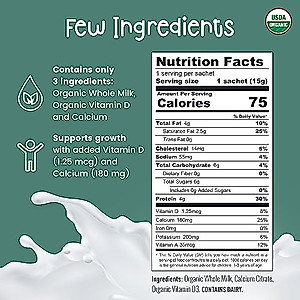 Voyager Toddler Milk On The Go, USDA Organic Shelf Stable Whole Milk Powder, Great for Travel, No Refrigeration, Gluten Free with No GMO's and No Antibiotics for Kids, 16 Sachets of 15g