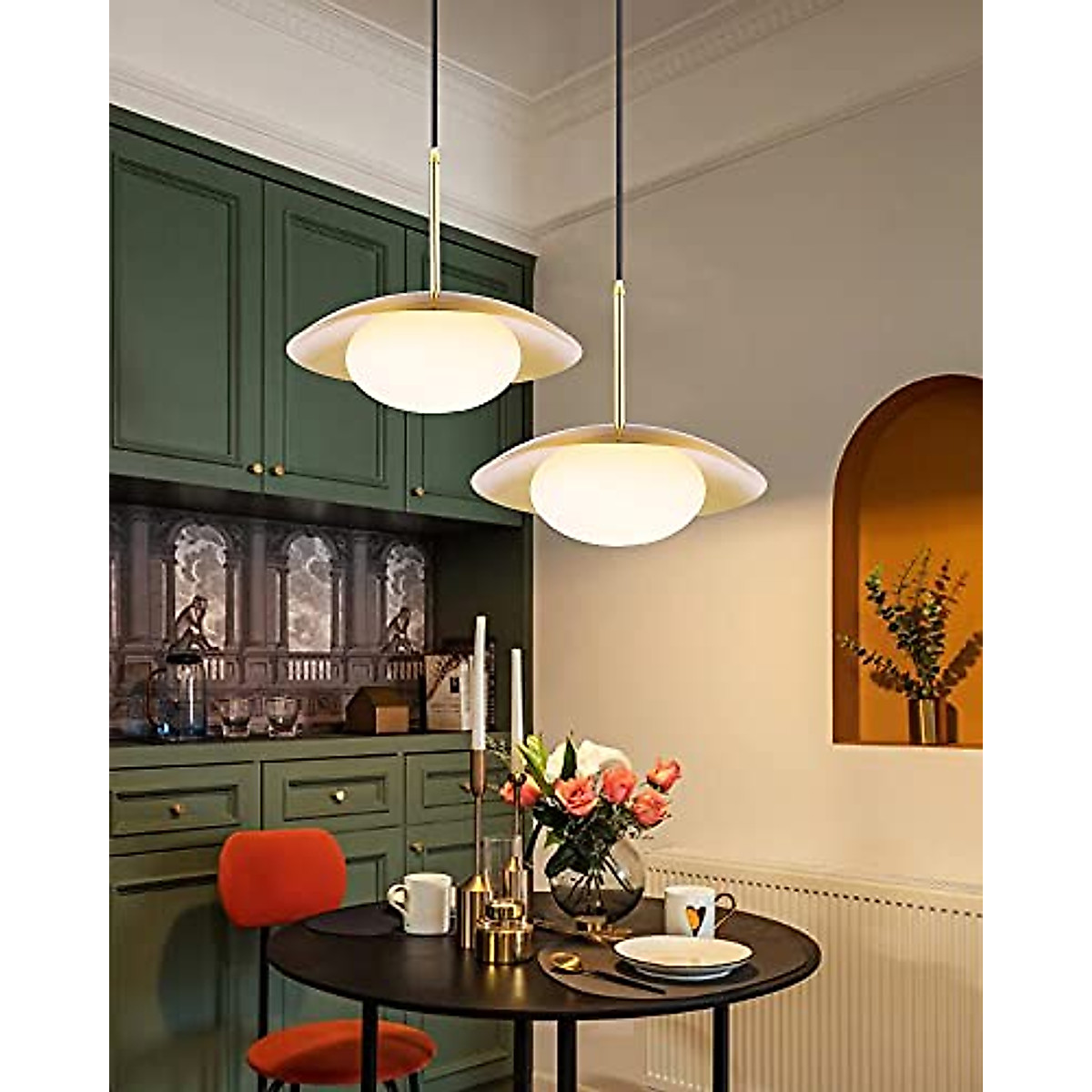 BAODEN Modern Pendant Lighting Set of 2 Industrial Hanging Light Brushed Brass Finished Dome Shades White Globe Glass Lampshade Light Fixture for Kitchen Island, Living Room, Dining Room