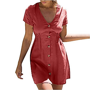 Dress for Women, Women's Sumemr Short Sleeve V-Neck Button Down Solid Skirt Casual Mini Dress(Red, XL)