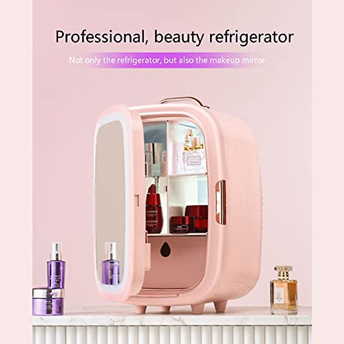 Doodran LED Mirror Beauty Mini Refrigerator for Bedroom Portable Compact Makeup Fridge to Skin Care Cosmetics Chill Perfect for Girls Woman,Pink