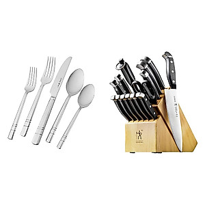 HENCKELS Flatware Set, 65-pc, Clear + HENCKELS Premium Quality 15-Piece Knife Set with Block