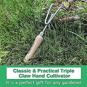Berry&Bird Garden Hand Cultivator, Stainless Steel Handheld Triple Claw Hand Rake with Ergonomic Wooden Handle and Leather Strap, Heavy Duty Garden Tilling Tool for Weeding, Turning Soil, Cultivating