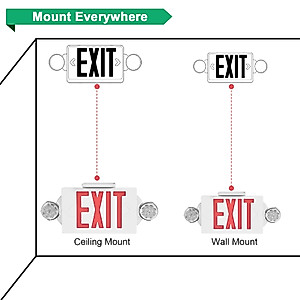Red Exit Sign with Emergency Lights, 110-277V Double Sided LED Combo Emergency Light with 2 Rotating Flood Lights, Fire Resistant, UL Certified, Exit Sign with Battery Backup for Business