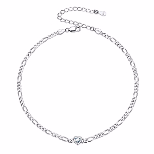 SILVERCUTE April Birthstone Ankle Bracelet 925 Sterling Silver 3mm Chain for Barefoot Figaro Anklets for Women, 8.5"-10.5"