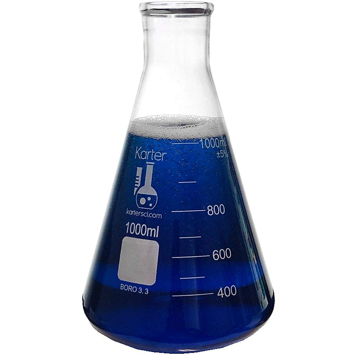 Glass Erlenmeyer Flask Set with Magnetic Stir Bar Set, 5 Sizes - 50, 150, 250, 500, and 1L, 3.3 Boro. Glass, Karter Scientific 213B4