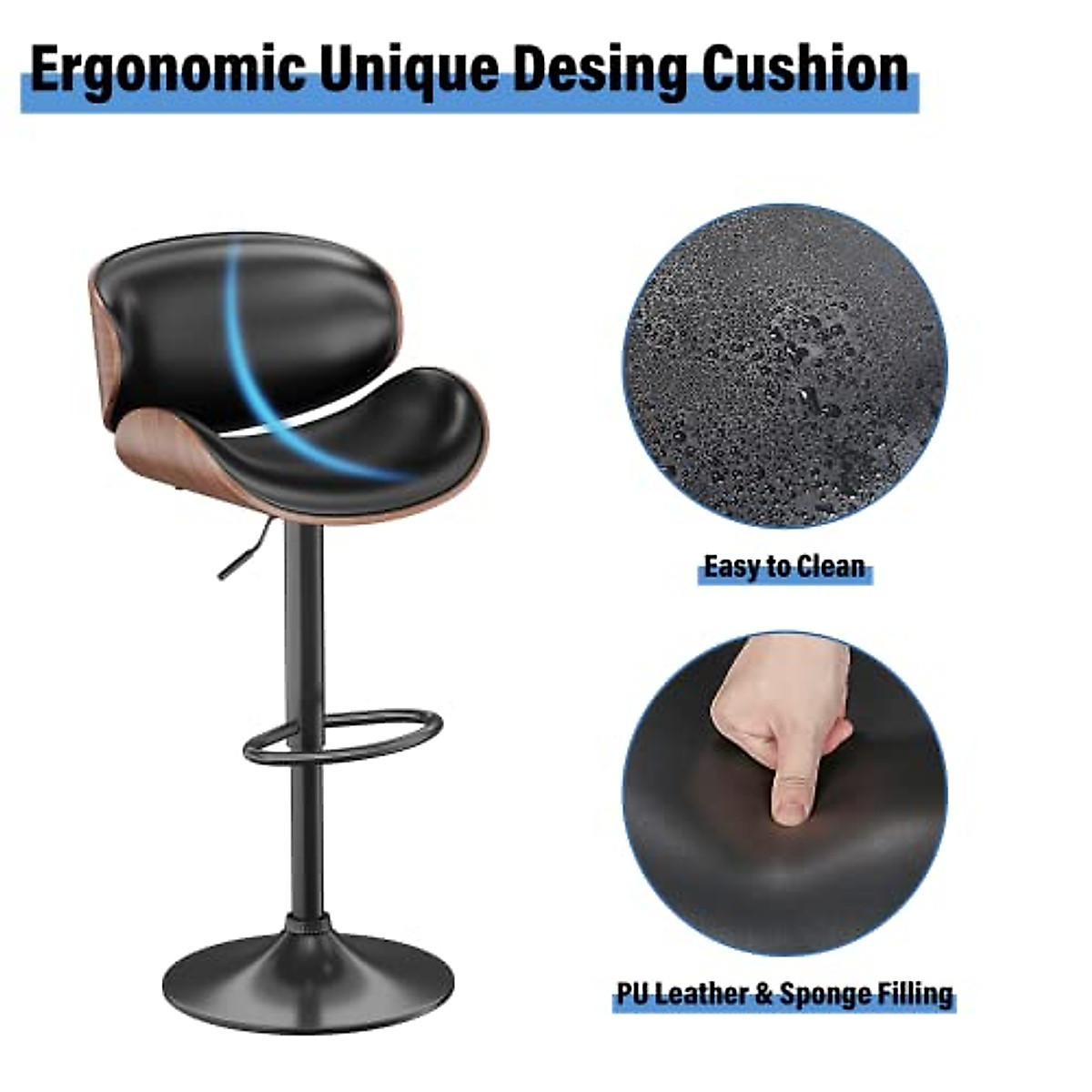 Aowos Adjustable Swivel Bar Stools Set of 2, Mid-Century Modern PU Leather Upholstered Counter Height Bar Stool, Kitchen Island Barstoosl with Back, Black