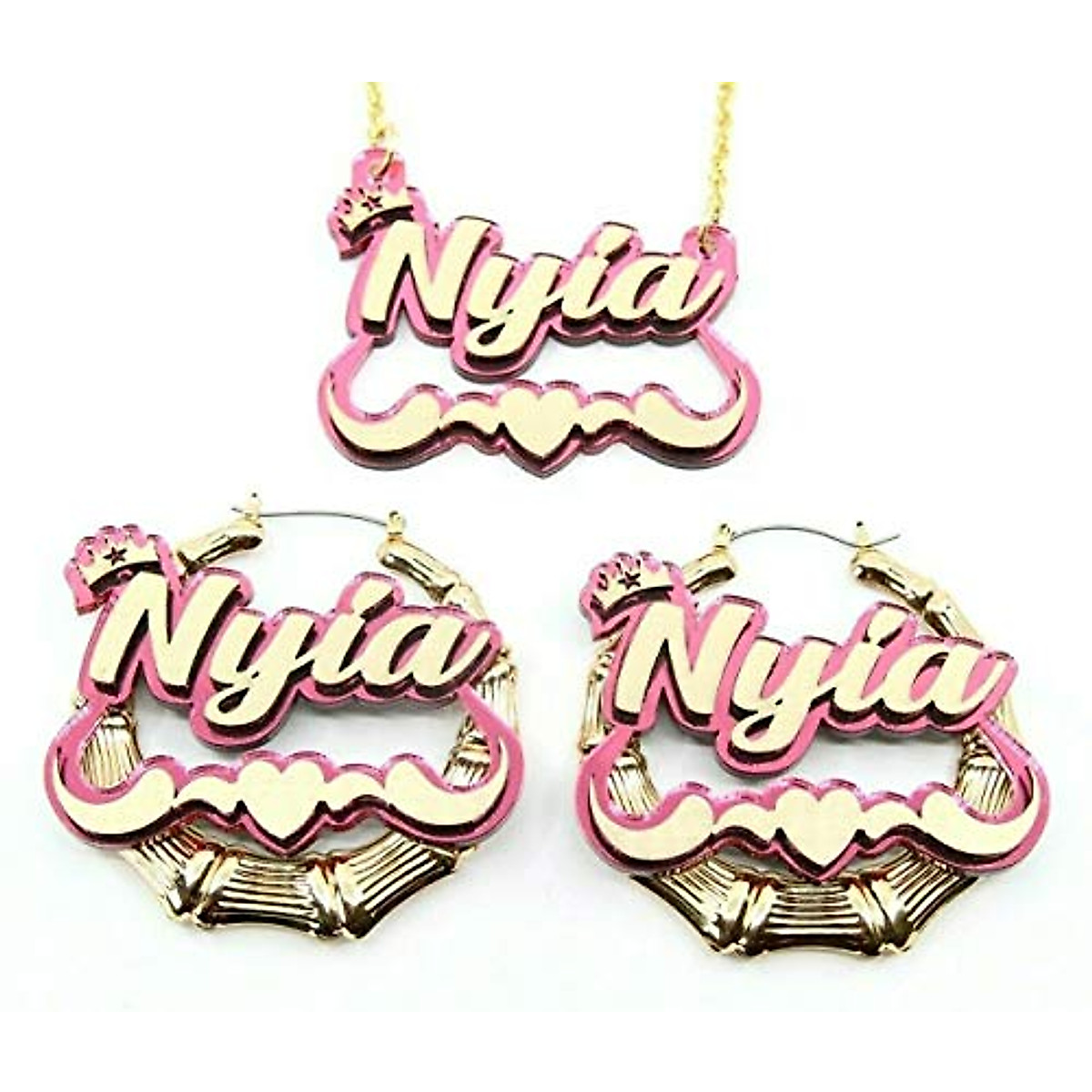 Name Necklace Plate Personalized Custom Nameplate and 1.5" Bamboo Gold Earrings With Swirls Heart and Crown on Top Jewelry Set Color Choice Laser Cut Gold Script Cursive Letters, Quality Gold Chain
