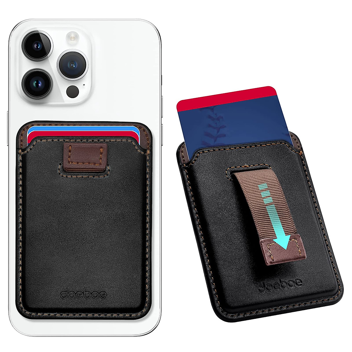 doeboe Phone Wallet, Card Holder for Phone Case, Stick on Leather Credit Card Holder for Cell Phone, Reusable Sticker, Pull-out Design, Compatible with iPhone 14, Samsung, Android and All Smartphones