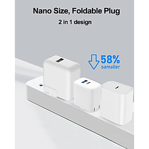 iPhone 15 Charger, 2Pack 20W 2-Port Compact Foldable Fast USB C Charger Block with 10ft USB C to C Charging Cable for iPhone 15/15 Pro/15 Pro Max/15 Plus, iPad Pro/Air, iPad 10