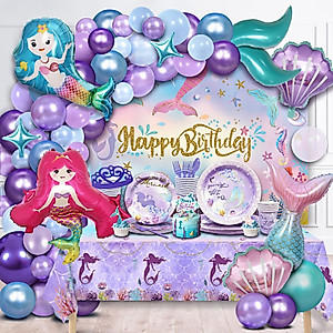 Party Spot! Mermaid Birthday Decorations, Mermaid Party Decorations Supplies Kit, 16 Tableware Sets, Balloon Arch, Balloons, Mermaid Disposable Paper Plates, Backdrop, Cake Topper, All in one Set