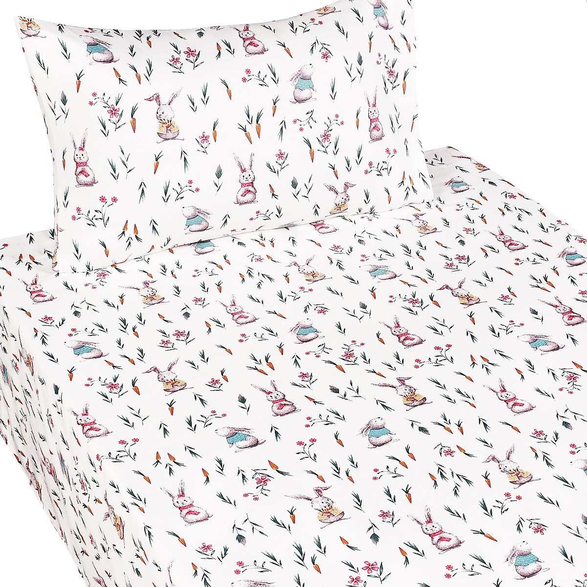 Scientific Sleep Cute Bunny Like Flower & Baby Carrot 100% Cotton Cozy 3 Pcs Twin Bed Sheet Set, Flat Sheet & Fitted Sheet & Pillowcase Natural Bedding Set (Rabbit, Twin)