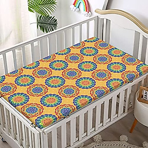 Rainbow Mandala Themed Fitted Mini Crib Sheets,Portable Mini Crib Sheets Ultra Soft Material-Baby Crib Sheets for Girl or Boy,24“ x38“,Multicolor