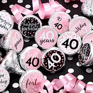 Pink, Black, and White 40th Birthday Party Favor Chocolate Kisses Candy Stickers, Pink Birthday Decorations for Women - 180 Count