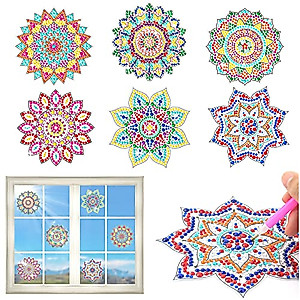 CrazyJan 6 PCS Diamond Painting Kits for Suncatchers Mandala Art Stained Glass Window Clings, DIY Diamond Art Accessories Adults & Kids Art Craft Supplies Gifts for Girls Women Children